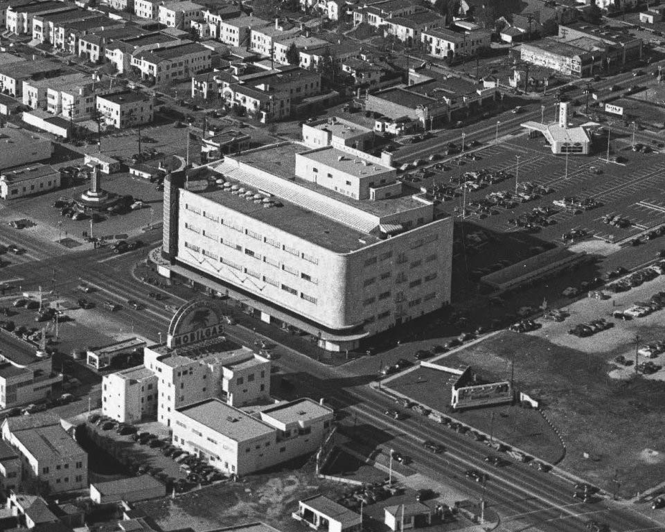 Aerial view showing the May Company department store shortly after its ...