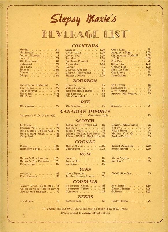 Slapsy Maxie’s menu (back cover), circa 1945 – Miracle Mile Residential ...